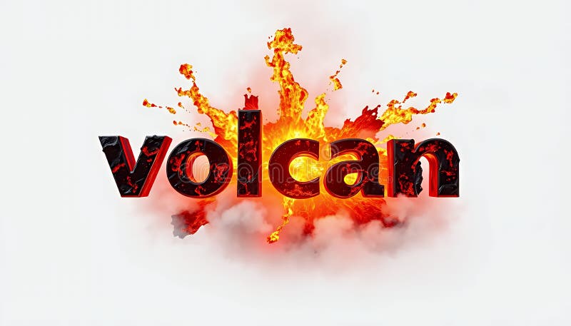 Fiery Volcan Word Design with Lava Explosion on White Backdrop ...