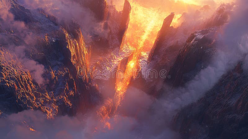Fiery Volcanic Chasm between Majestic, Snow-capped Mountains at Sunset ...