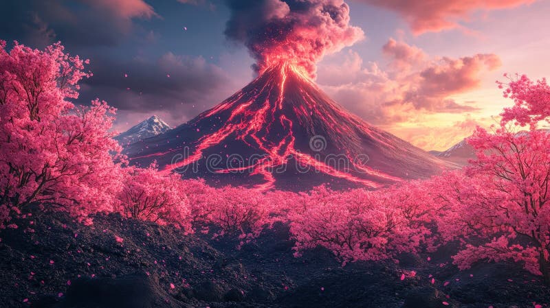 Fiery Volcanic Eruption with Cherry Blossom Trees at Sunset Stock Photo ...