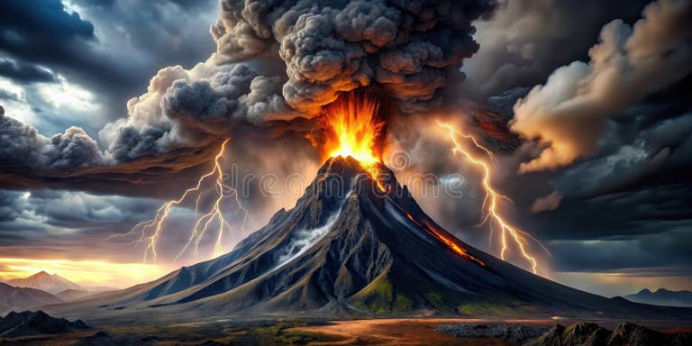 Fiery Volcanic Eruption with Dramatic Lightning Strikes and Dark Storm ...