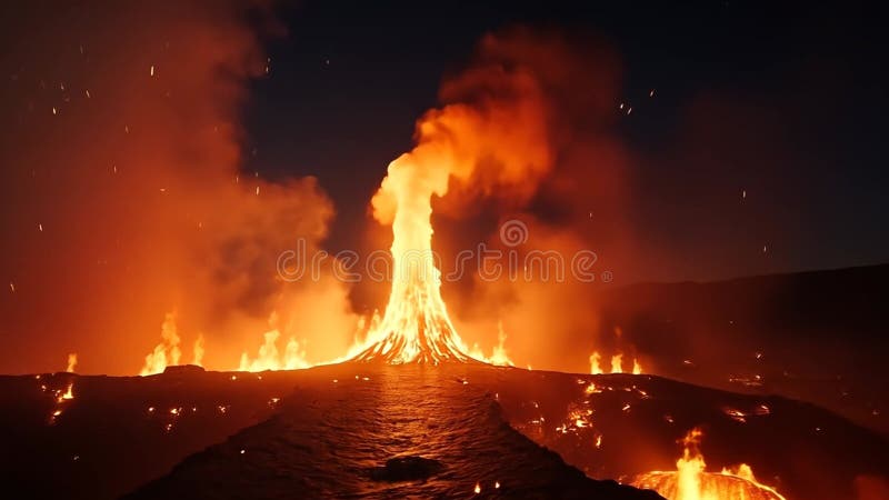 Volcanic Eruption with Lava Flowing Fiery Landscape Disaster Scene ...