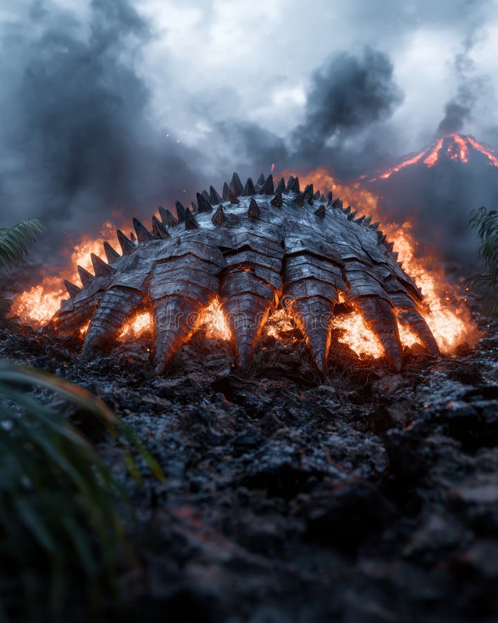 Fiery Volcanic Eruption with Spiny Creature Stock Illustration ...