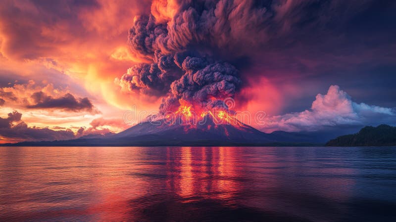 Fiery Volcanic Eruption at Sunset with Dark Ash and Lava Stock ...