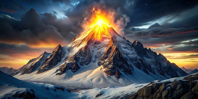 Fiery Volcanic Eruption at Sunset, Snow-capped Peaks, Dramatic Sky ...