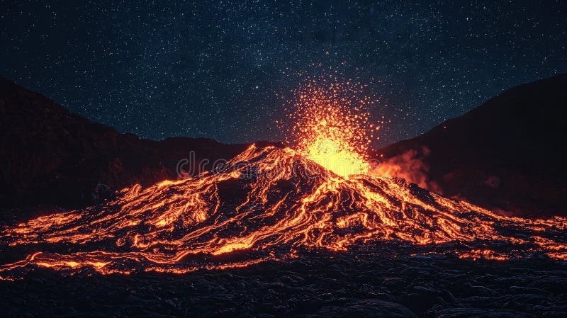 Spectacular Night Eruption Fiery Volcano Under Starry Sky Stock Photos ...