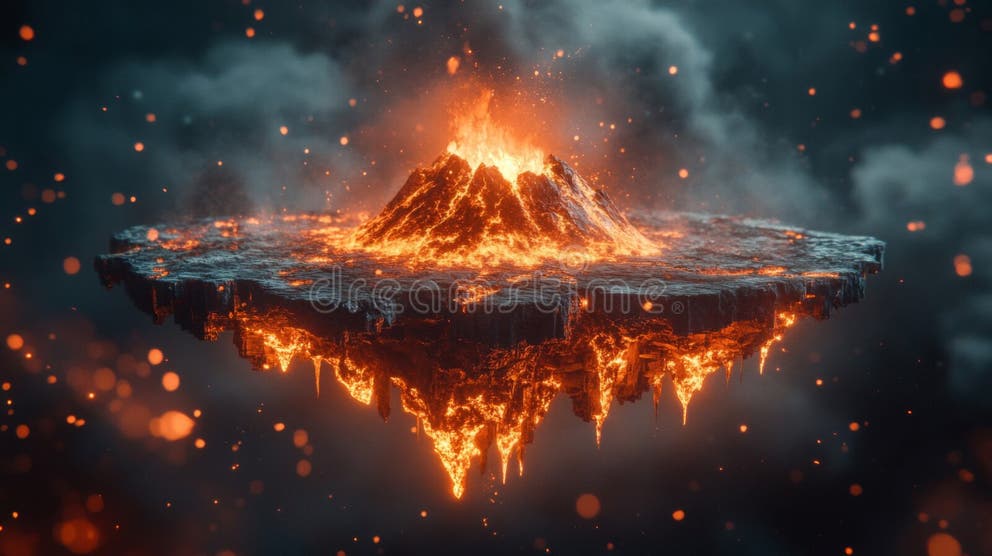 Fiery Volcanic Island Floating in Dark Space Stock Illustration ...