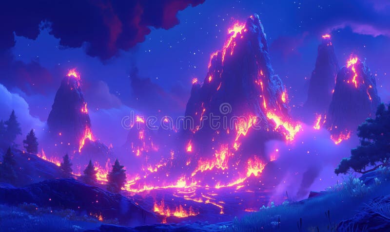 Fiery Volcanic Landscape Illuminated Glowing Lava Starry Night Sky ...