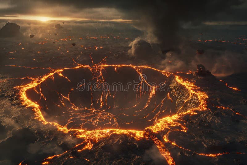 A Fiery Volcano with a Crater in the Middle of a Dark Sky. Asteroid ...