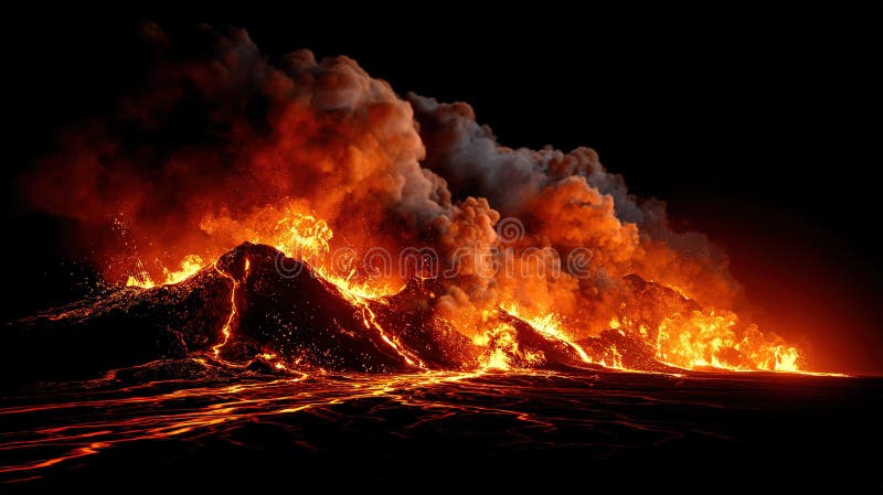 Fiery Volcano Eruption Flowing Lava with Ash Clouds on Transparent ...