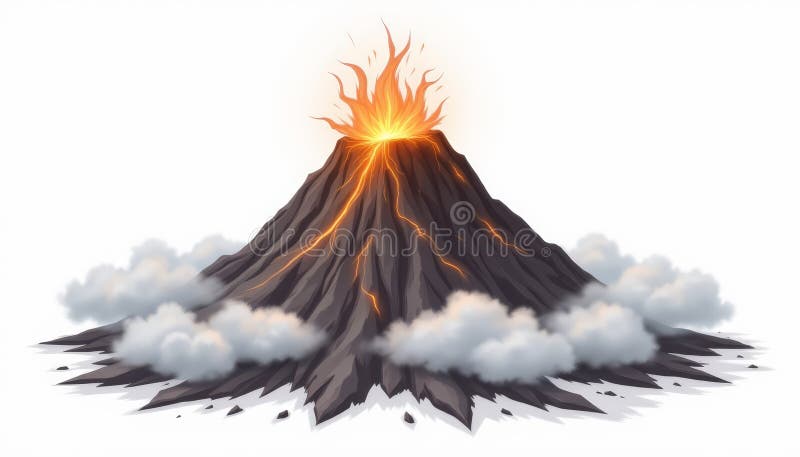 Fiery Volcano Eruption Illustration, Dramatic Smoke and Lava Flow Stock ...