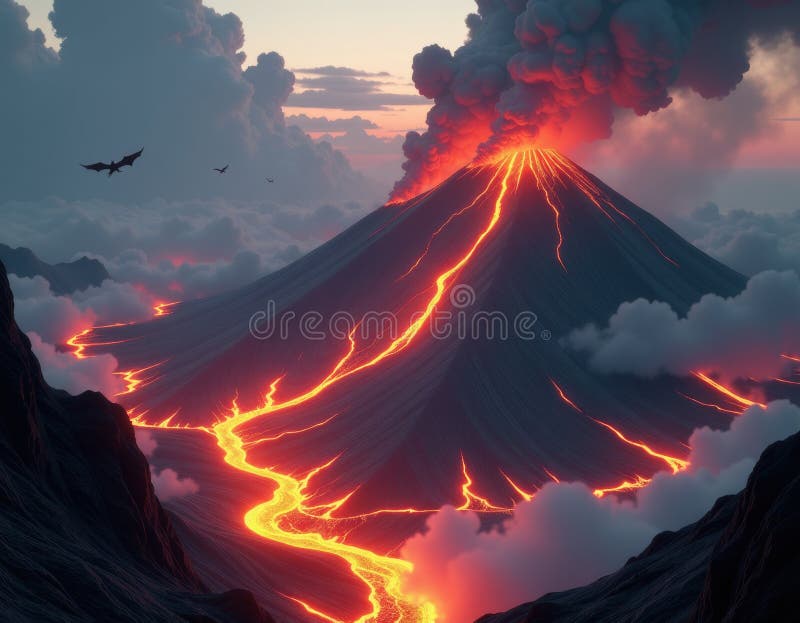 Fiery Volcano Eruption Lava Flow and Dragons in a Dramatic Fantasy ...