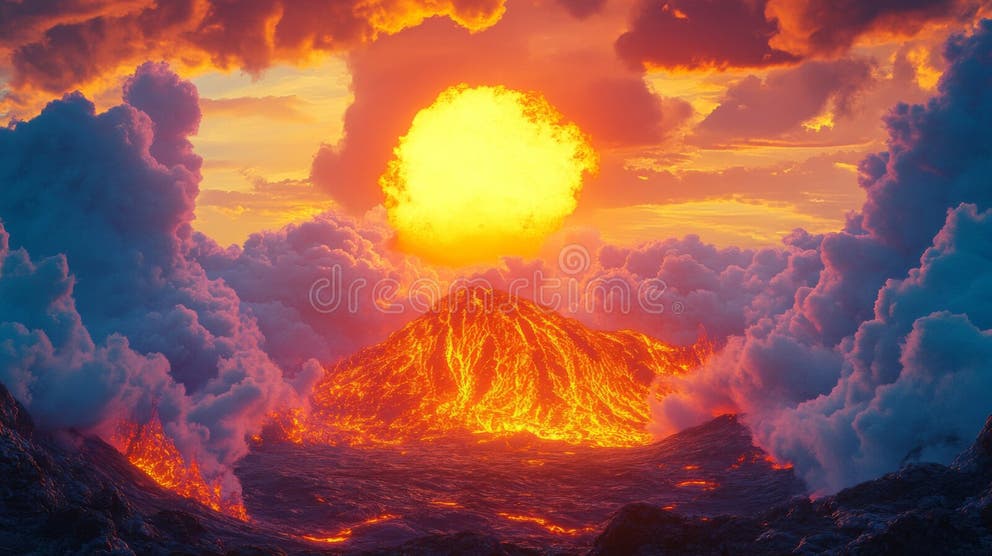 Fiery Volcano Eruption at Sunset Stock Illustration - Illustration of ...