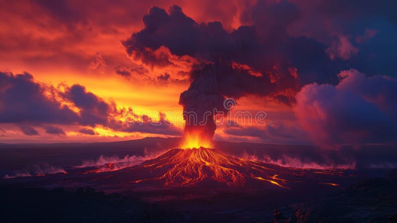 Fiery Volcano Eruption at Sunset with Dramatic Lava Flow and Smoke ...