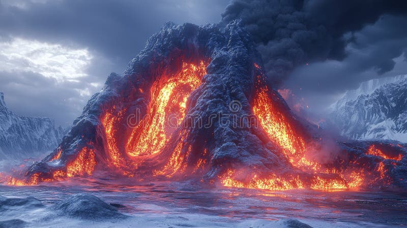 Fiery Volcano Erupts in a Snowy Landscape Dramatic Contrast of Ice and ...