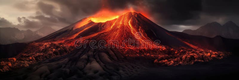 A Fiery Volcano with Molten Lava Panoramic Background. Generative AI ...