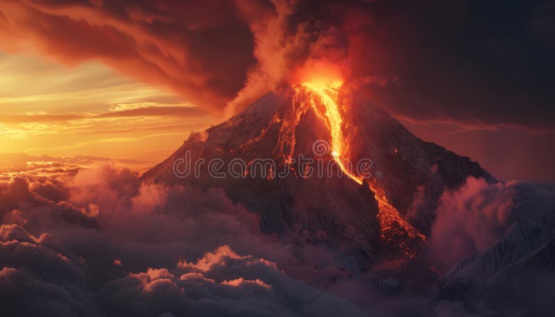 A Fiery Volcano is Spewing Lava into the Sky, Surrounded by a Desolate ...