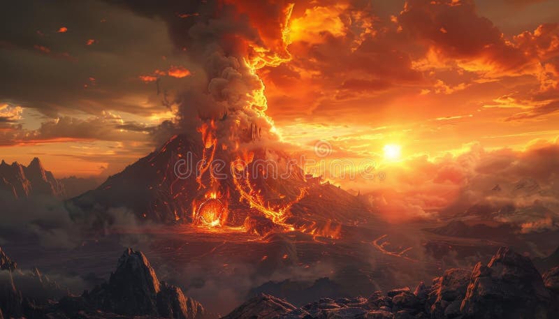 A Fiery Volcano is Spewing Lava into the Sky, Surrounded by a Desolate ...