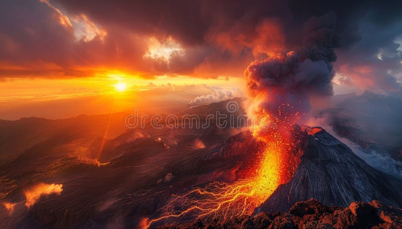 A Fiery Volcano is Spewing Lava into the Sky, Surrounded by a Desolate ...