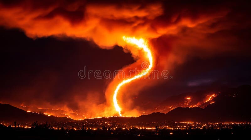 Fiery Vortex Over Hillscape a Dramatic Image of a Fire Tornado Swirling ...