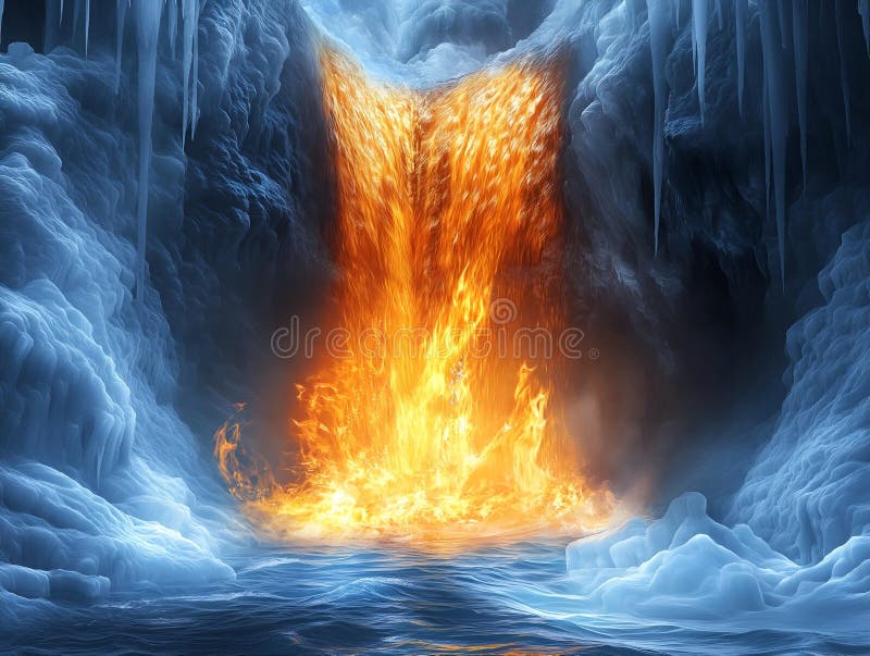 Fiery Waterfall, Icy Cave, Contrasting Elements, Dramatic Lighting ...