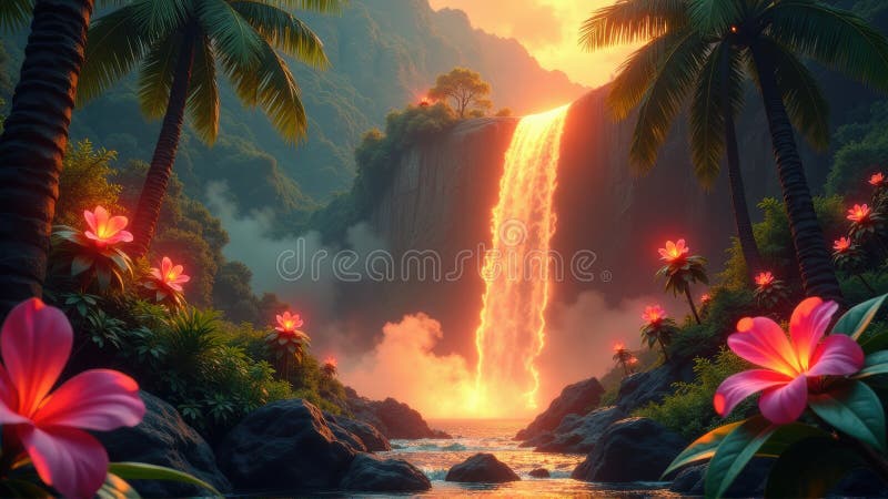 Fiery Waterfall in Tropical Paradise at Sunset Stock Illustration ...