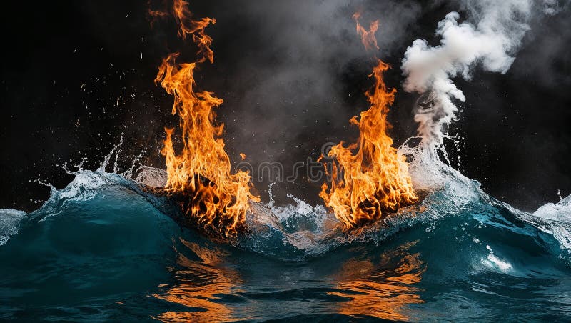 Fiery Waves Clashing with Water Creating Dynamic Visual Art Stock ...
