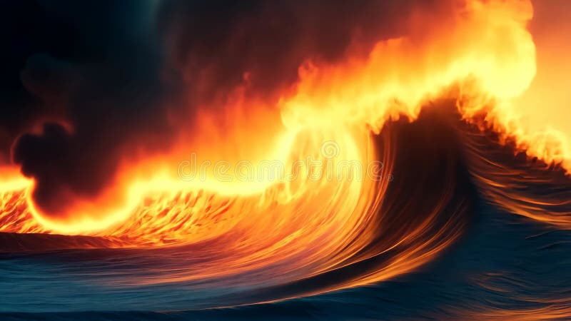 Fiery Waves Crash Dramatically Against the Dark Ocean Under Ominous ...