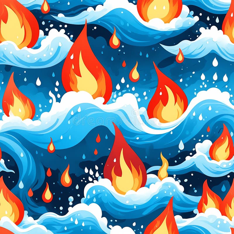 Fiery Waves: Seamless Pattern with Flames and Water Droplets Stock ...