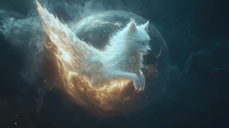Fiery White Fox Leaping from Flaming Earth Globe Stock Image - Image of ...