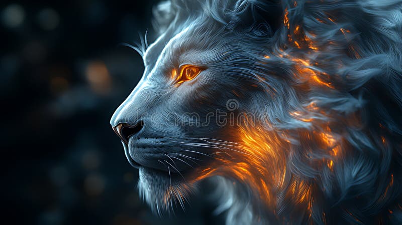 Fiery White Lion Profile, Dark Background, Fantasy Art Stock ...