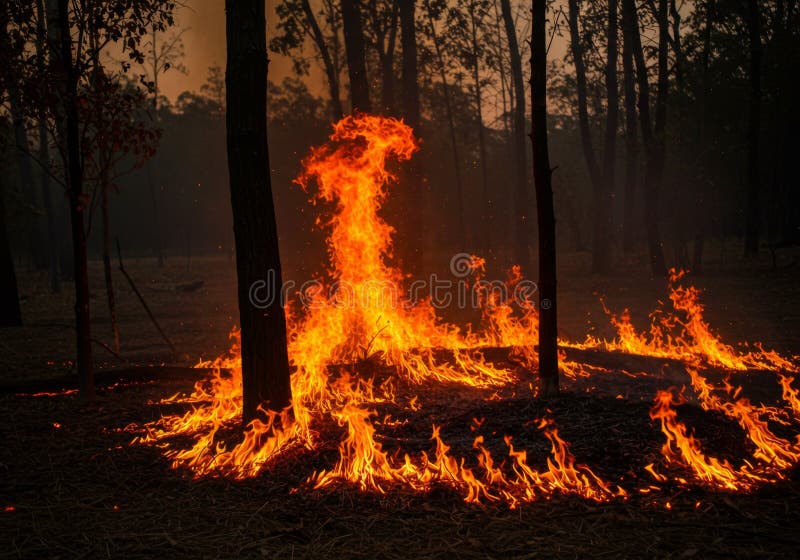 Fiery Wildfire Engulfs Forest at Night Stock Illustration ...