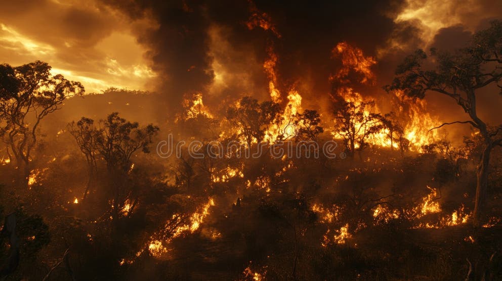 Fiery Wildfire Engulfs Trees and Forest Landscape Stock Image - Image ...