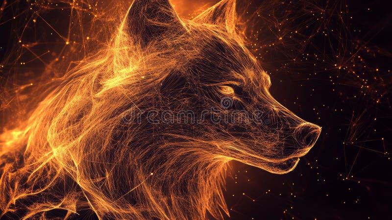 Fiery Wireframe Wolf Emerging from Abstract Network of Lines and ...