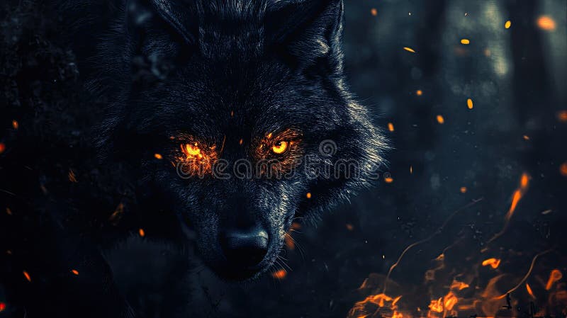 Fiery Wolf in Dark Forest Digital Art Stock Illustration - Illustration ...