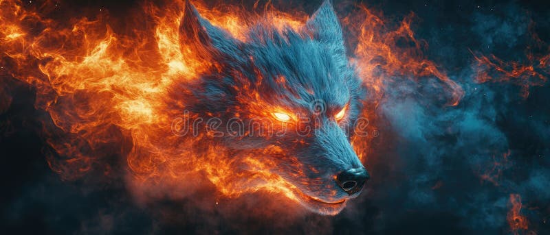 FIERY WOLF with GLOWING RED EYES EMERGING from FLAMES Stock ...