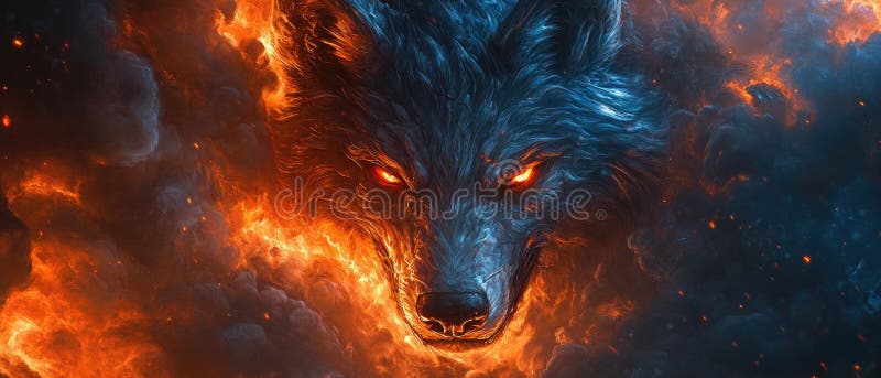 "FIERY WOLF with GLOWING RED EYES SURROUNDED by FLAMES and SMOKE" Stock ...