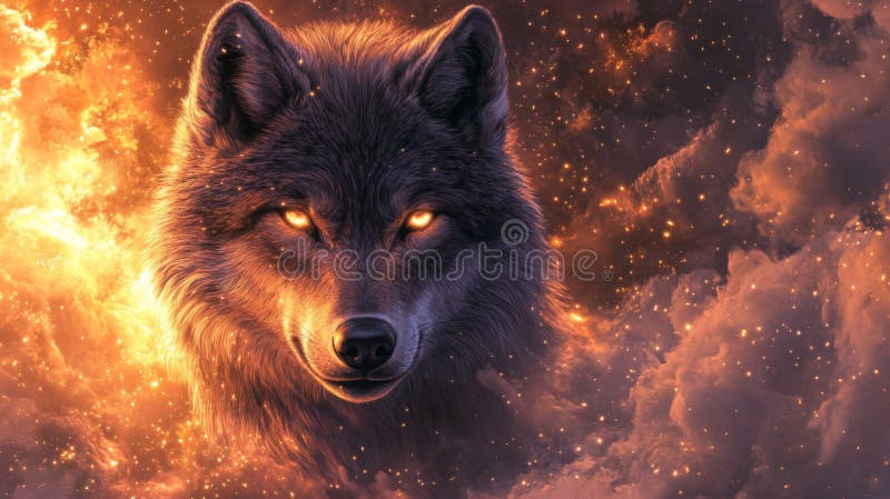 Fiery Wolf Portrait Against Cosmic Background Stock Illustration ...
