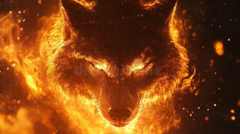 Fiery Wolf Portrait, with Intense Glowing Eyes. Digital Render of an ...