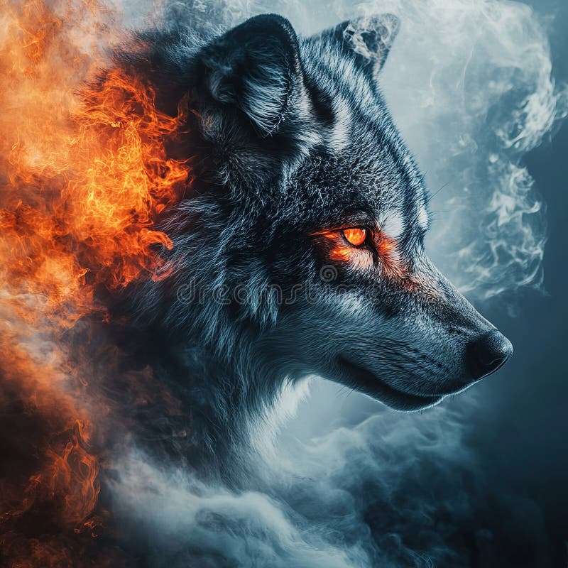 Fiery Wolf Portrait with Smoke and Fire Stock Photo - Image of glowing ...