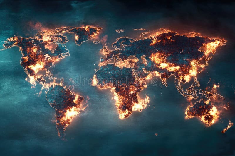 Fiery World Map Depicting Global Heat and Intensity Stock Image - Image ...