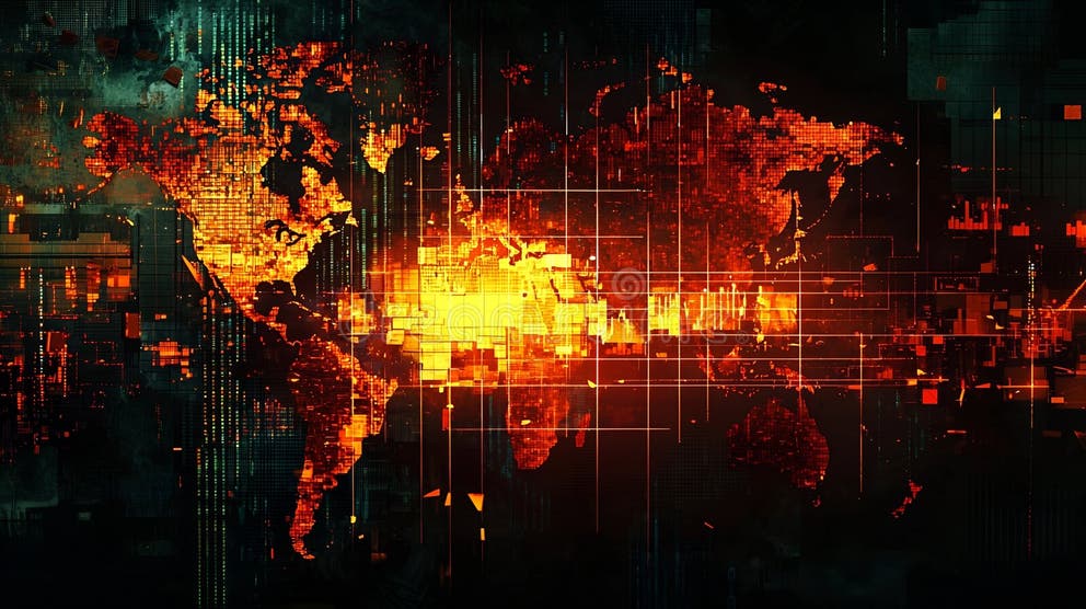 Global Network Digital World Map Abstract Orange Red Technology ...