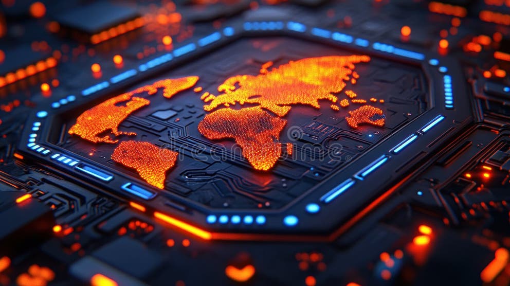 A Fiery World Map is Embedded into a Circuit Board Stock Illustration ...