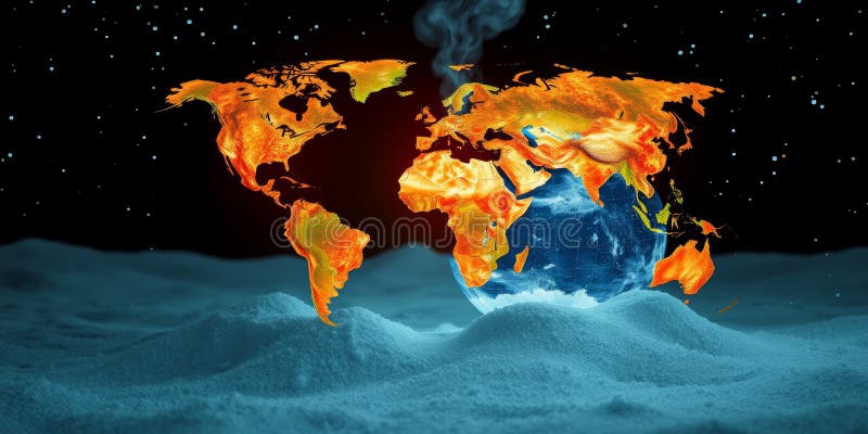 A Fiery World Map on a Frozen Globe Stock Illustration - Illustration ...
