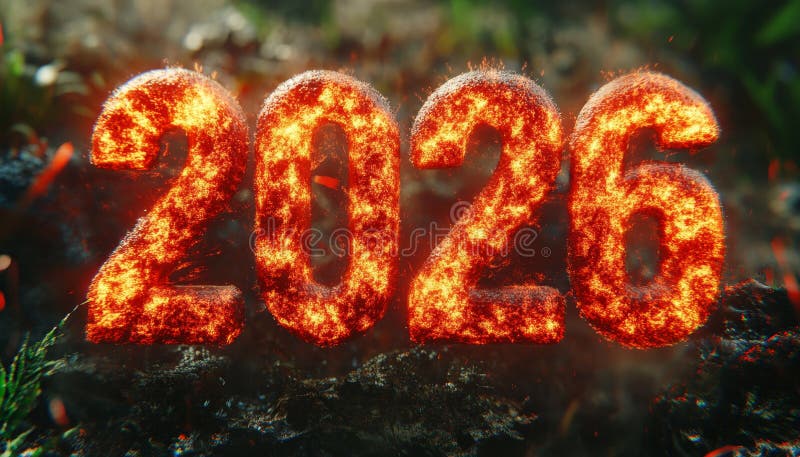 Fiery Year 2026 Burning in Soil, Concept. 3D Render of Embossed Numbers ...
