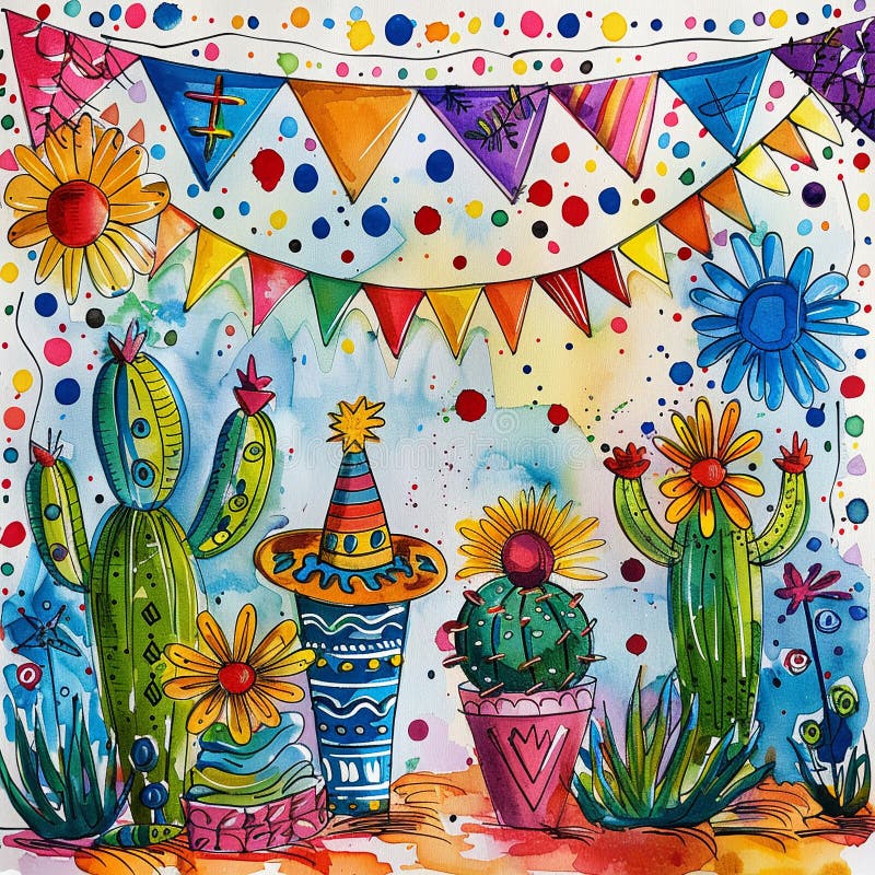 Fiesta with Colorful Decorations, Multicolor, Watercolor, Hand Drawing ...