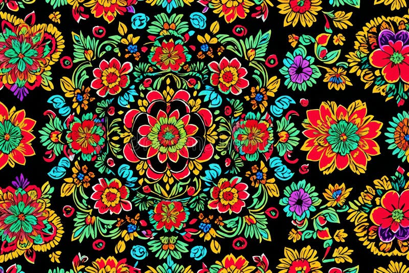 Fiesta of Colors a Mexican Floral Pattern on Black.AI Generated Stock ...