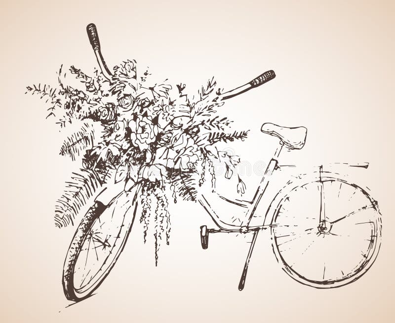 Fiets Met Grote Bos Van Bloemen Schets Vector Illustratie ...