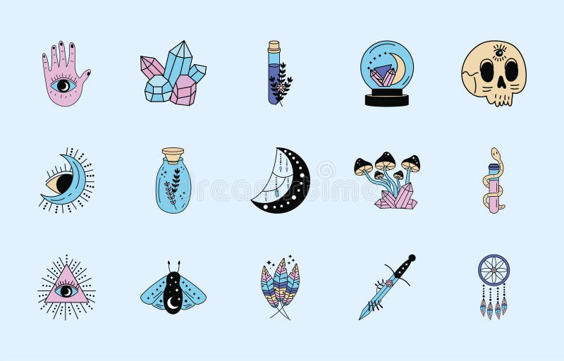 Fifteen esoteric icons stock vector. Illustration of stones - 212451853