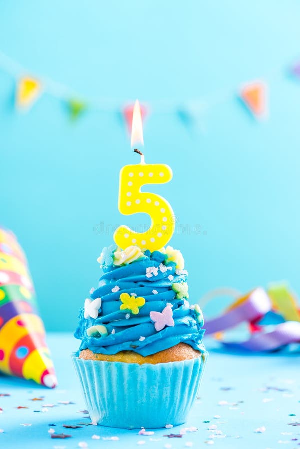 Colorful Birthday Cupcake Bright Five Candle Light Blue Background ...