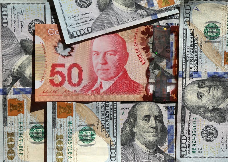 Close Up of Fifty Canadian and Hundred US Dollar Banknotes Stock Image ...